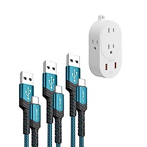 JSAUX Multi Plug Outlet Extender with USB [4AC+2USB-A]+ USB-C Cable 3A Fast Charging [3Pack, 10ft+6.6ft+3.3ft]