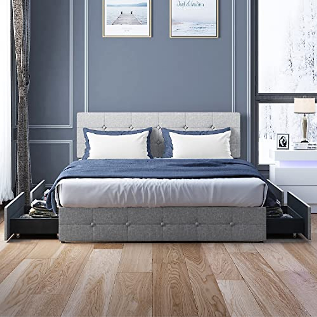 BALUS King Size Platform Bed Frame, Upholstered and Button Tufted Headboard Square Stitched, 4 Storage Drawers, Headboard Adjustable, No Box Spring Needed- Light Grey