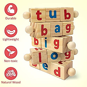 Coogam Wooden Reading Blocks Short Vowel Rods Spelling Games, Flash Cards Turning Rotating Letter Puzzle for Kids, Sight Words Montessori Spinning Alphabet Learning Toy for Preschool Boys Girls