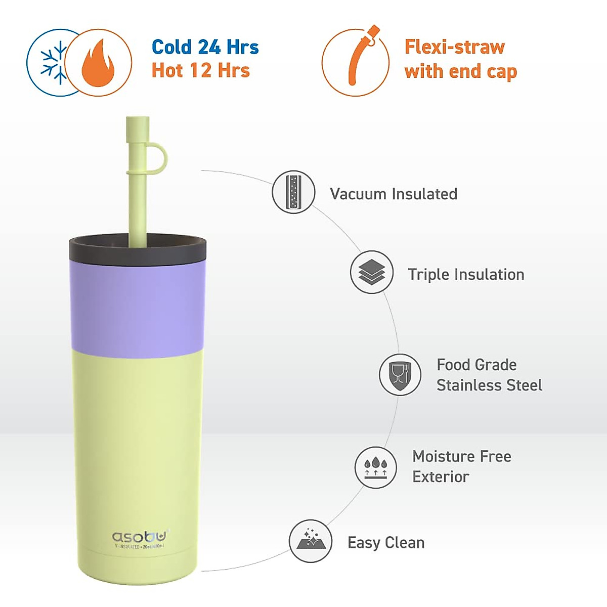 asobu Sippy Double Wall Stainless Steel Tumbler with Silicone Flexible Straw, 20 Ounces (Pastel Yellow)