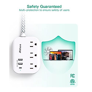 Cruise Essentials - Flat Plug Power Strip with 3 Outlets 3 USB Ports(1 USB C Poiwer Delivery 20W), 5ft Braided Extension Cord, Compact for Cruise Ship, Travel, Home and Dorm