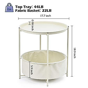 TOOLF End Table, Metal Nightstand, Sofa Side Snack Table, Coffee Round Table with Detachable Tray Top and Fabric Storage Basket, Scandi Style Table for Living Room Bedroom (Cream)