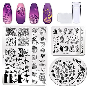 6Pcs Halloween Nail Stamping Plates Fall Maple Leaf Nail Stamper Template Kit Ghost Bat Skull Spider Web Design Nail Decorations Supplies with 1 Stamper 1 Scraper