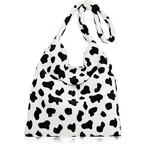 Fluffy Shoulder Bag Flower Cow Plush Underarm Handbag Bag Fluffy Purse Small Clutch Bag for Women Autumn Winter (White and Black, Shoulder Bag)