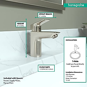 hansgrohe Logis Modern Low Flow Water Saving 1-Handle 1 6-inch Tall Bathroom Sink Faucet in Brushed Nickel, 71100821