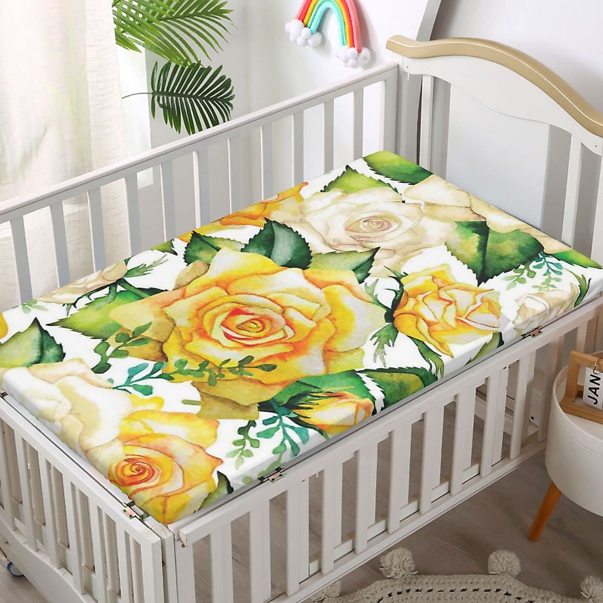 Rose Themed Fitted Mini Crib Sheets,Portable Mini Crib Sheets Soft and Breathable Bed Sheets-Crib Mattress Sheet or Toddler Bed Sheet,24“ x38“,Yellow Beige Green