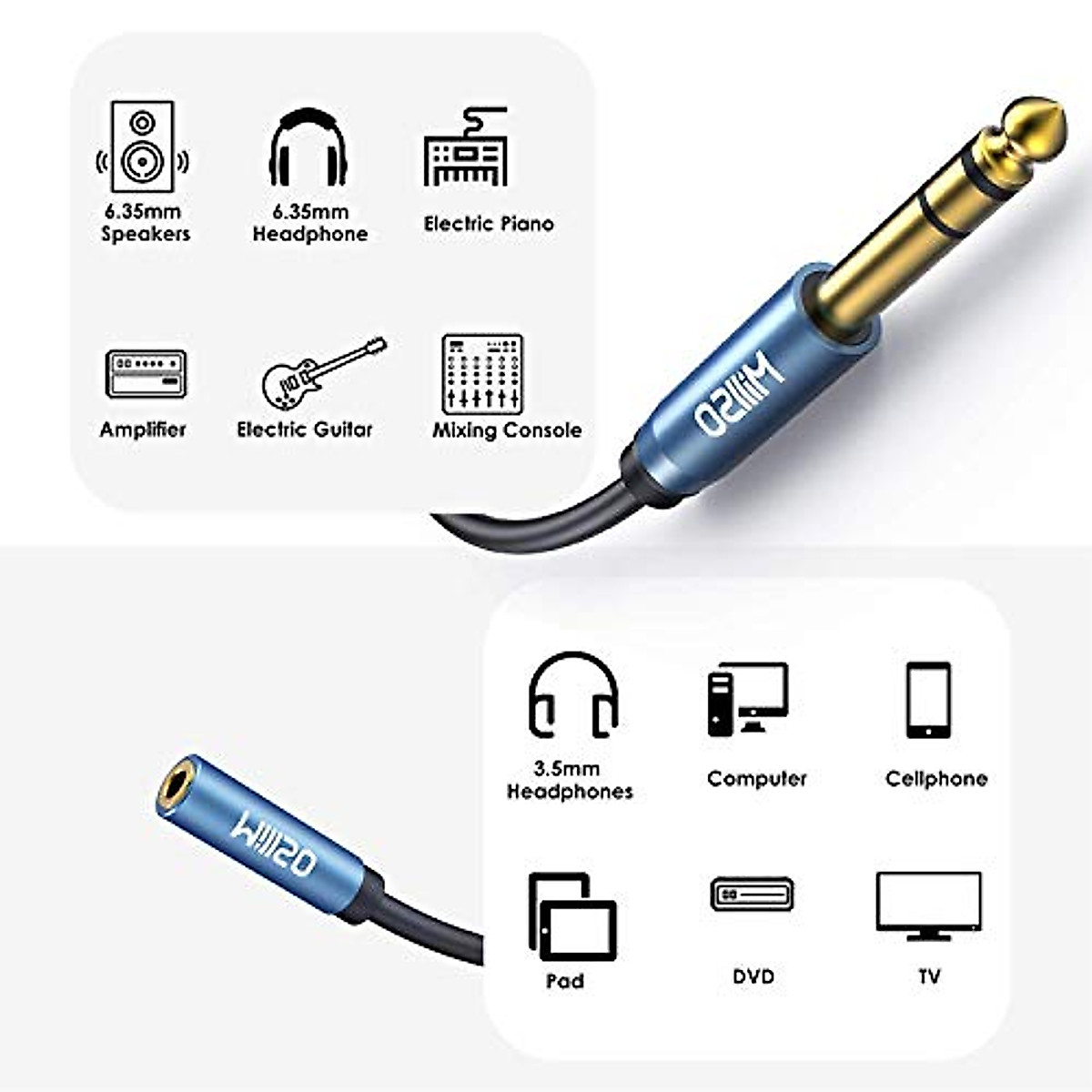 MillSO Bundle TRS 1/4 to 3.5mm Headphone Adapter 6.35mm 1/4 Male to Dual 3.5mm 1/8 Female Headphone Adapter