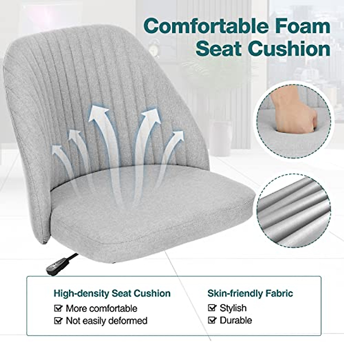 SMUG Standing, Fabric Desk Armless Drafting Counter Height Adjustable Office, Bar Shop Guitar Tall Vanity Stool Chair with Backrest Wheels, Grey