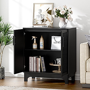 Anmytek Black Rattan Storage Cabinet with 2 Doors, Adjustable Shelf, Large Space - Entryway Hallway Cabinet, Sideboard Buffet for Living Room, Kitchen H0095