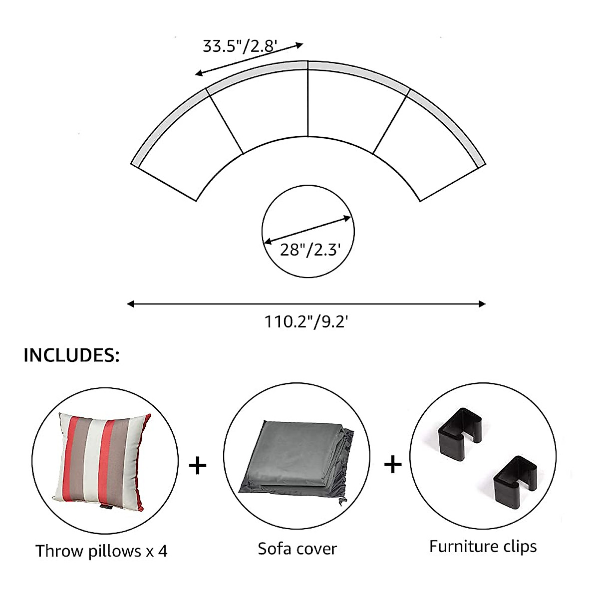 SUNSITT 5-Piece Half Moon Outdoor Sectional Sofa Set with Cover, Patio Brown PE Wicker Furniture with Beige Cushions & Tempered Glass Coffee Table