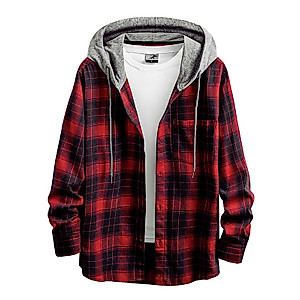 JMIERR Flannel Hoodies for Men Casual Button Down Plaid Long Sleeve Lightweight Winter Shirts Jackets,US 46 (XL),0Red