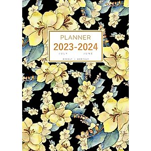 Planner July 2023-2024 June: A4 Weekly and Monthly Organizer | Watercolor Botanical Flower Design Black