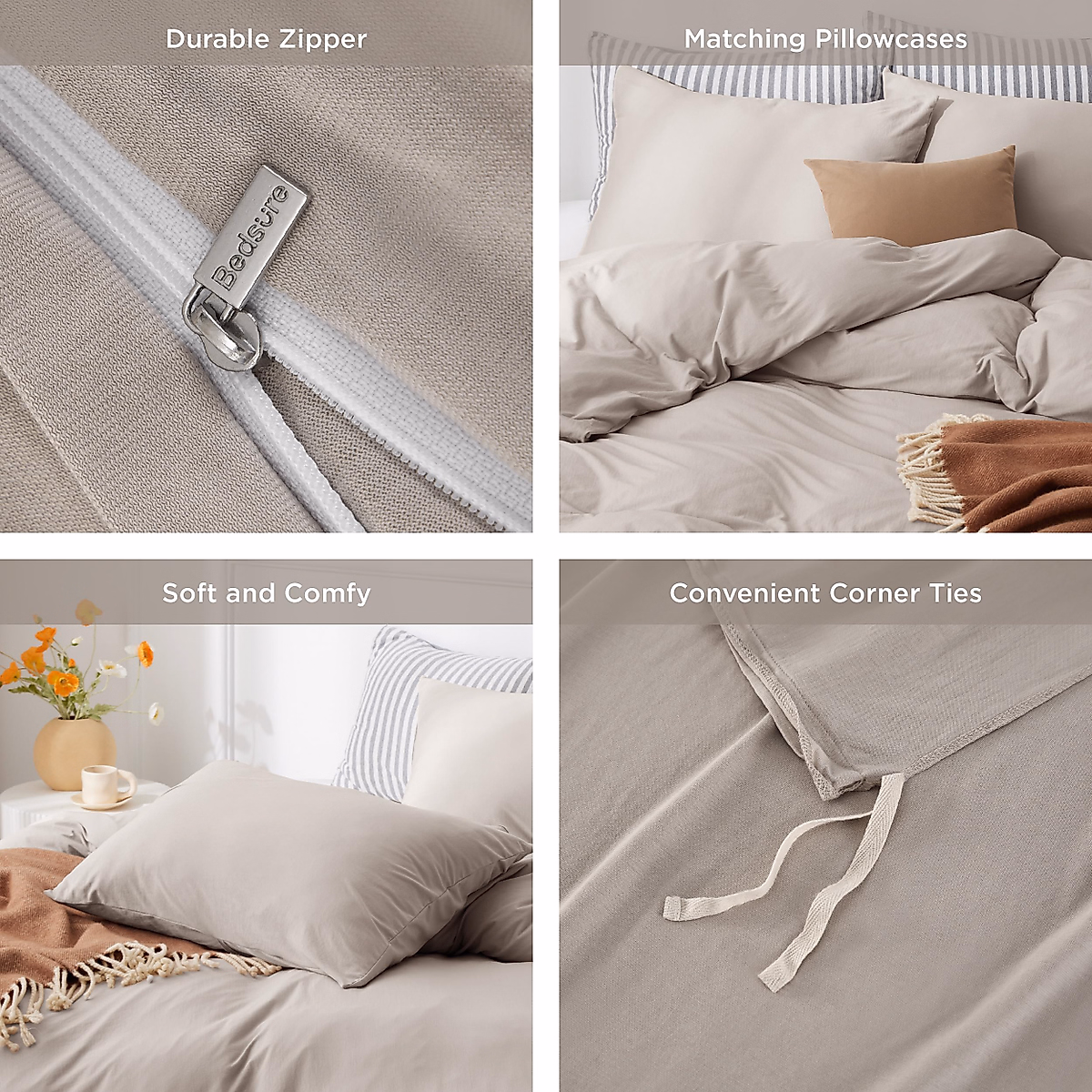 Bedsure Queen Prewashed Microfiber Duvet Cover Set + Tannish Linen 100% Jersey Knit Cotton Duvet Cover Set, Zipper Closure, Queen Size