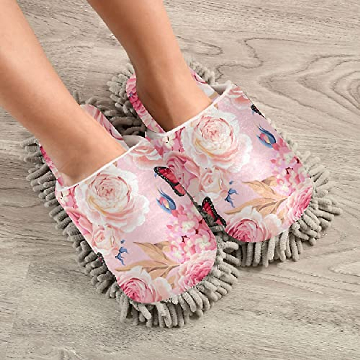 Roses Hydrangea Flower Mop Slippers Shoes Cover for Floor Cleaning Washable Dirty Dust Hair Cleaners Microfiber Mop Socks for Kitchen House Office