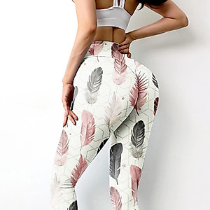 Butt Lifting Workout Leggings for Women High Waisted Ultra Soft Tummy Control Booty Tight Stretchy and Soft Opaque Slimming Feathers Printed Pants for Running Cycling Yoga White