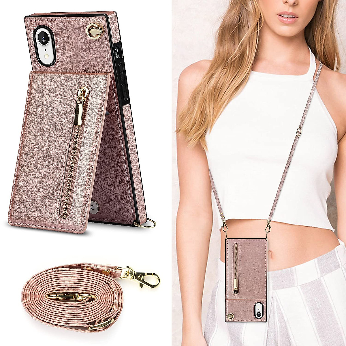 Jaorty Crossbody Phone Case for iPhone XR Case with Card Holder for Women,iPhone XR Case Wallet with Strap Lanyard for Men,PU Leather Magnetic Clasp with Kickstand 6.1", Rosegold