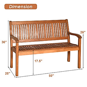 DORTALA 50'' Patio Wooden Bench, Eucalyptus Wood Loveseat with Ergonomic Backrest, Curved Armrests, Sloping Seat, Garden Slatted Bench, Ideal for Patio, Porch, Yard, Lawn, 705 lbs Weight Capacity