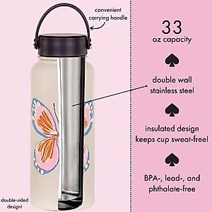 Kate Spade New York Extra Large Insulated Water Bottle, 33 Ounce Stainless Steel Water Bottle with Handle, Double Wall Metal Tumbler with Lid, Garden Butterfly