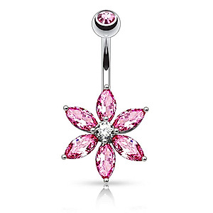 Marquise Cut CZ Flower Petal Surgical Steel Navel Belly Button Ring 14g 3/8" - Pink