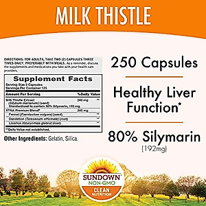 Milk Thistle by Sundown, Herbal Supplement, Supports Liver Health, Non-GMO, Free of Gluten, Dairy, Artificial Flavors, 80% Silymarin, 250 Capsules