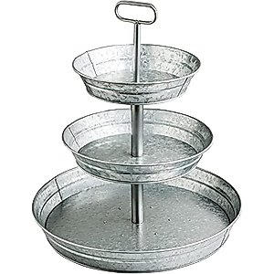 StarPack Farmhouse Style Three Tier Serving Tray - Rustic Kitchen 3 Tiered Tray with 3 Tier Metal Stand - Three Tiered Tray for Deserts & Party Bites - Sturdy & Stylish 3 Tier Serving Stand