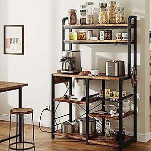 IDEALHOUSE Bakers Rack with Power Outlet, Coffee Bar with Wire Drawer, Industrial Microwave Stand, Kitchen Buffet Table with Large Storage, 6-Tier Kitchen Storage Rack with Hutch, Rustic Brown