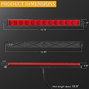 BJZ 16'' Trailer LED Lights Bar Red 12LED Brake Stop ID Left Right Turn Signal Light Tail Marker Rear Identification Light Strip Waterproof Led Lamp for 80'' Truck Trailer Bus Van RV ATV Offroad, 1Pcs