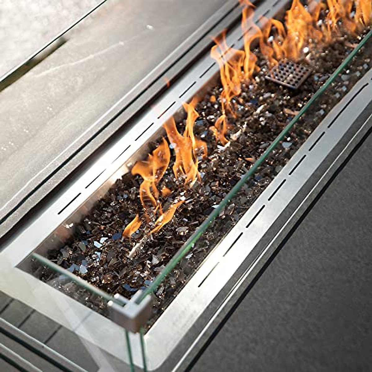 Varna Marble Fire Pit 59.8" x 28" Outdoor Patio Firepit Includes Fire Glass Modern Fire Pits & Outdoor Fireplaces for Garden, Deck, Indoor & Outdoor Heating