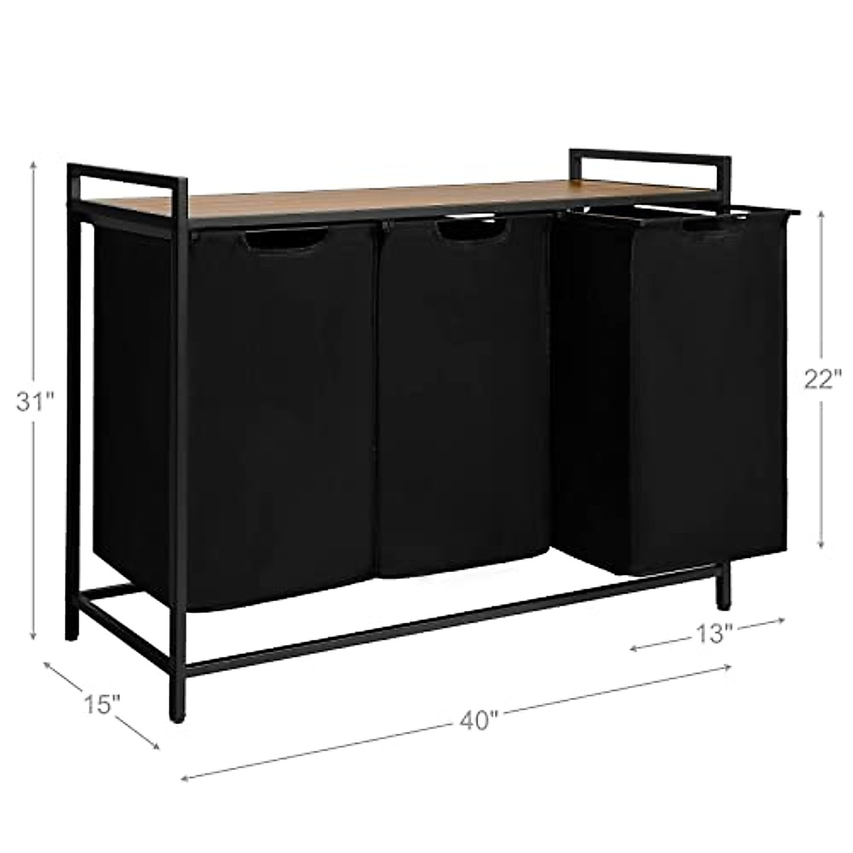 Graciadeco Pull Out Laundry Hamper 3 Compartment Laundry Sorter with Shelf 3 Section Laundry Basket with 3 x 16 Gallons Removable Bags, Black