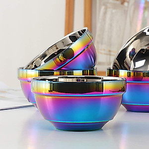 Large Rainbow 304 Stainless Steel Bowl Set of 4, Double-Walled Heat Insulation Anti-Scalding Kitchen Soup Bowls, Drop Resistance Children Bowl Salad Bowl Set for Mixing (5.1 Inches Diameter)