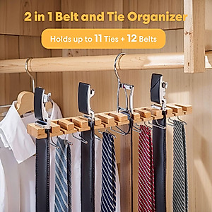 2 Pack Tie Rack Belt Hanger for Closet, 2 in 1 Tie Organizer Wall Mount, 12 Belts + 11 Ties Holder for Men, Wooden Belt Holder Storage for Belts Scarves