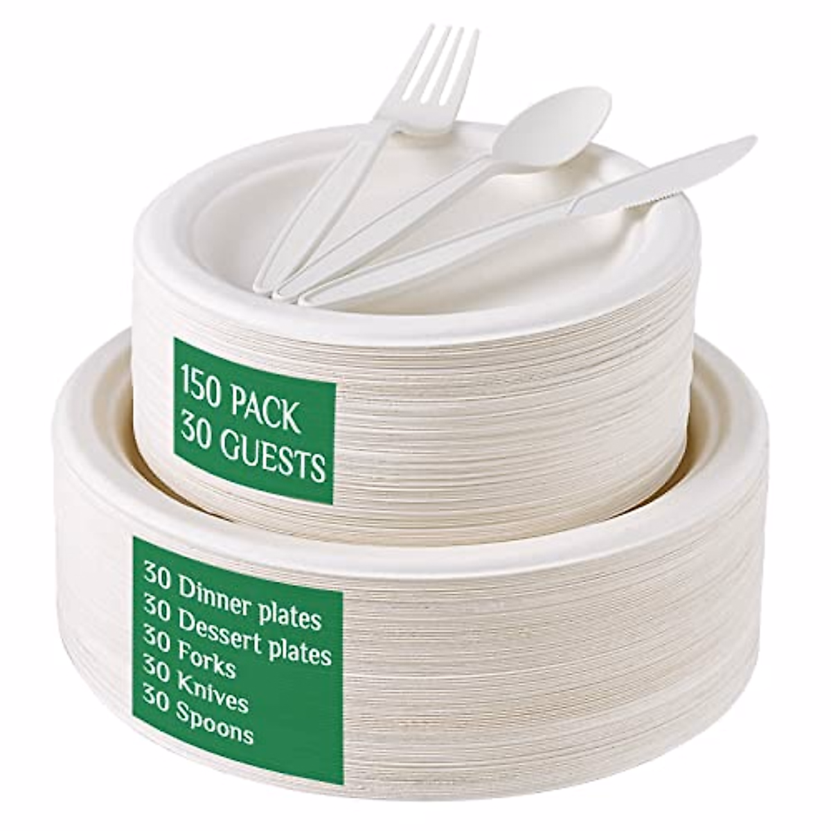 FOCUSLINE 150 Count Compostable Paper Plates and Utensils 30 Guest, Heavy-Duty Disposable Bagasse Plates Eco-Friendly Biodegradable Cutlery, Natural Eco-friendly Compostable Dinnerware