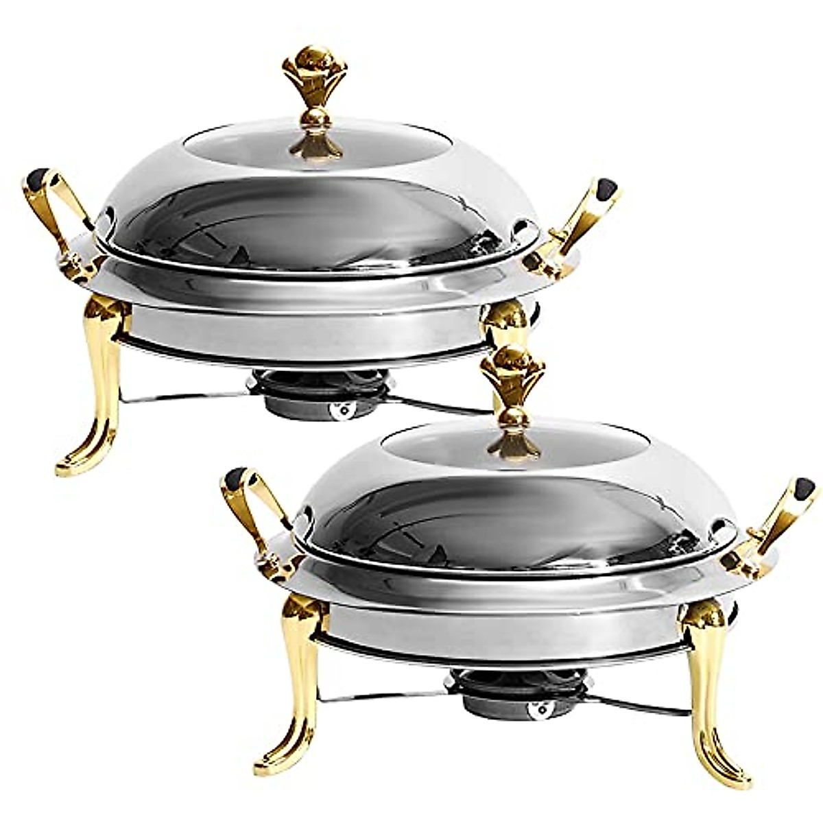 Chafing Dish Set of 2 Pcs Stainless Steel Round Durable Buffet Warmer Tray Durable Frame with Lid and Chafing Fuel Holder for Kitchen Party Dining Buffet-Without Water Pan (2 pack with handle)
