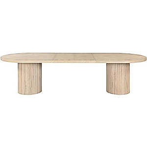 Meridian Furniture 725Oak-T Belinda Collection Mid-Century Modern Solid Wood White Oak Veneer Dining Table, Oval Design, Fluted Bases, 2 Leaves Included, 90"/106.5"/123" W x 47.5" D x 31" H, White
