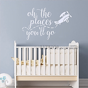 BATTOO Oh The places you'll go Airplane Wall Decals Playroom Wall Decal Kids Wall Art Nursery Wall Decal Airplane Wall Art Sticker, 16" W by 10.5" H white