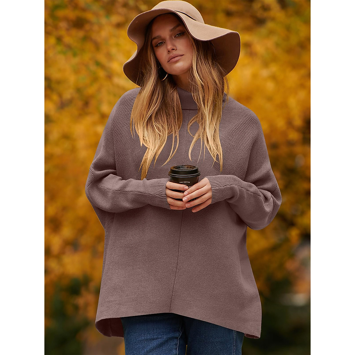 Caracilia Women Turtleneck Batwing Sweaters Oversized Tunic Sweater 2023 Fall Turtleneck High Low Sweater Pullover Knit Jumper Winter Clothes C8A7-doukou-L Brown