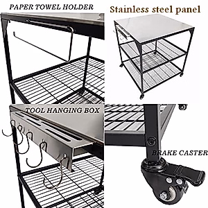 HWGckct Three-Shelf Movable Stainless Steel & Steel Outdoor Dining Cart Table Pizza Oven Protable Grill and Heavy Duty Grill Cart Outdoor Table