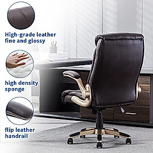 CHIZZYSIT Home Office Chair，Light Luxury Metal managerial Chairs & Executive Chairs，Tilt Function PU Leather Office Desk Chair with Leather flip armrest