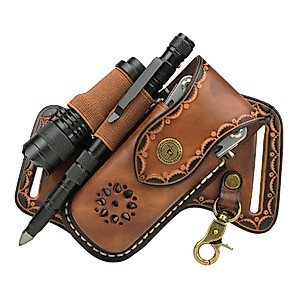 Tourbon Leather EDC Pocket Cross Draw Multitool Pouch Carrier Organizer Knife Sheath with Flashlight Self Defense Pen Holsters for Belt