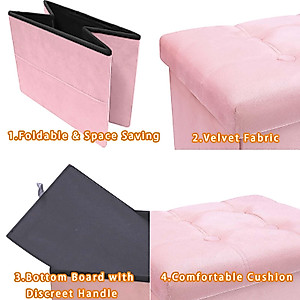Storage Ottoman Foot Stool, 17 inches Folding Ottoman with Storage, Velvet Storage Bench with Side Pocket, Foot Rest for Living Room, Bedroom, Pink