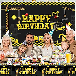 58 Pieces Construction Birthday Party Supplies Include Excavator Bulldozer Foil Balloon, Table Cover, Backdrop, Black Yellow Orange Balloon and Balloon Chain for Kids Dump Truck Party Decorations