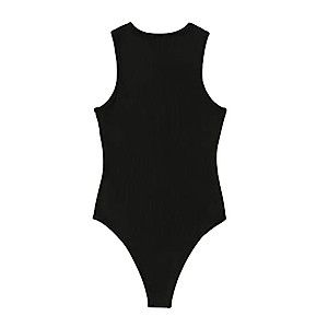 SweatyRocks Women's Ribbed Knit Colorblock Bodysuit Sleeveless Round Neck Tank Tops Bodysuit for Women Summer Slim Fit Black and Cream XL