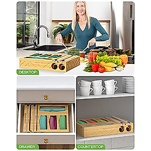 Uamector 6 In 1 Foil and Plastic Wrap Organizer, Ziplock Bag Organizer for Kitchen Drawer, Plastic Wrap Dispenser with Cutter, Bamboo Bag Storage Organizer for Gallon, Quart, Sandwich