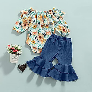 VISGOGO Baby Bell Bottoms Toddler Newborn Girl Outfits Fall Winter 3 6 9 12 18 Months Floral Print Flare Pants for Girls (Dark Blue, 0-3 Months)