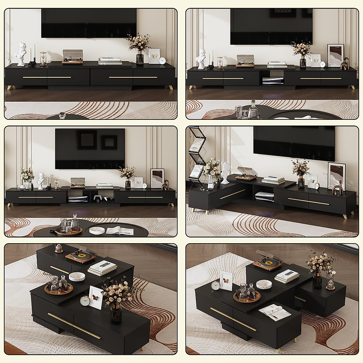 FAMAPY Modern TV Console Extendable Media Console, Adjustable Length, Contemporary Entertainment Center with Drawers and Legs, for Living Room Black and Gold (95”-133.9”W x 15.2”D x 13.1”H)