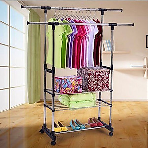 Double Clothing Garment Rack,Clothing Racks with 3 Tiers Stainless Steel Clothing Garment Shoe Rack on Wheels Rolling Clothes Rack for Hanging Clothes Heavy Duty Portable Collapsible