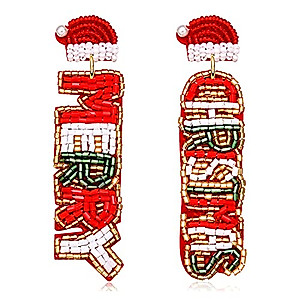 Christmas Earrings Beaded Xmas Bow Earring for Women Handmade Red Green Holiday Bow Drop Dangle Earrings Festive Jewelry Gifts (Merry Christmas)