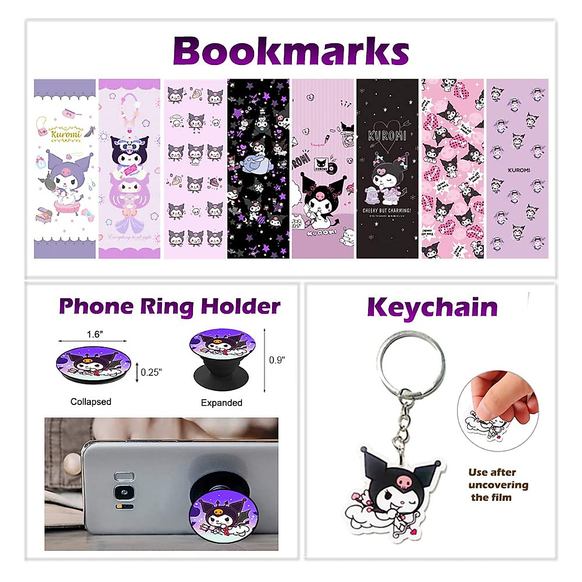 KUROMI School Supplies Gift Set, Including Notebook Pencil Case Pens Stickers Button Pins Lanyard Keychain Ruler Bookmarks Phone Ring Holder