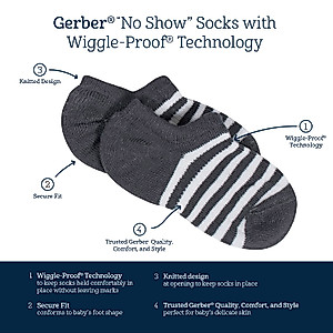 Gerber Baby 8-Pack Wiggle-Proof No Show Socks, White, 6-12 Months