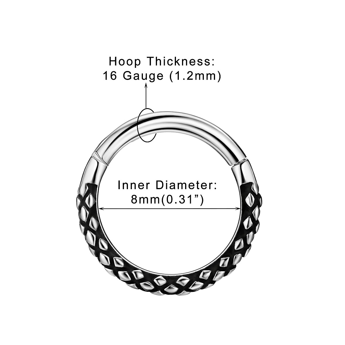 8mm Silver 316L Surgical Steel Septum Rings Nose Piercing Ring Black Hinged Nose Rings Hoop Cartilage Earring Lobe Tragus Daith Rook Helix Piercing Jewelry 16 Gauge Septum Clicker Lip Rings Snakeskin